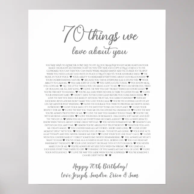 70 things we love about you poster | Zazzle
