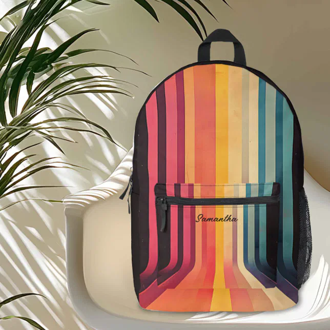 70s Inspired Retro Stripes Custom Name Printed Backpack | Zazzle