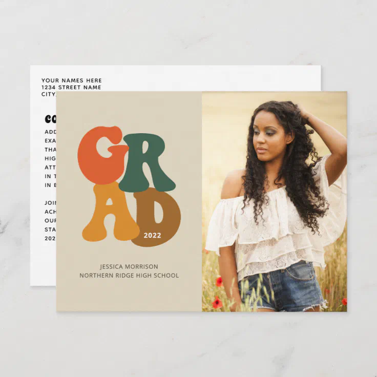 70s-Inspired Typography Photo Graduation Postcard | Zazzle