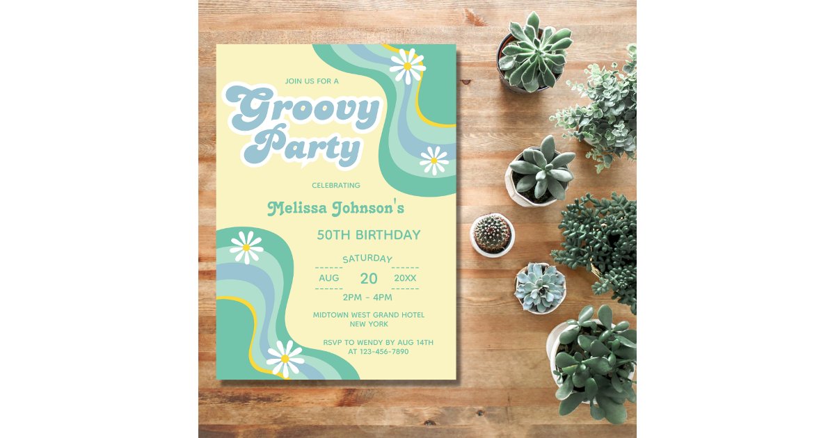 70s Retro Groovy Party Daisies Yellow Birthday Invitation | Zazzle