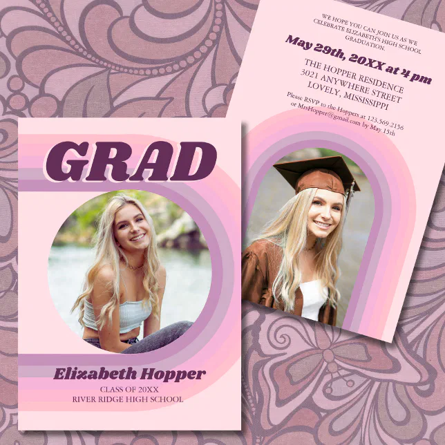 70s Retro Groovy Pink Arch Funky Photo Graduation Invitation | Zazzle