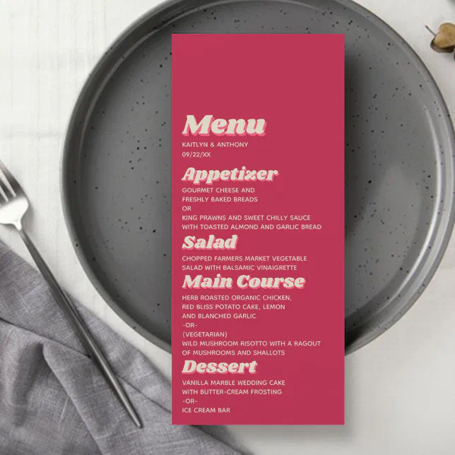 70's Retro Groovy Viva Magenta Wedding Menu | Zazzle
