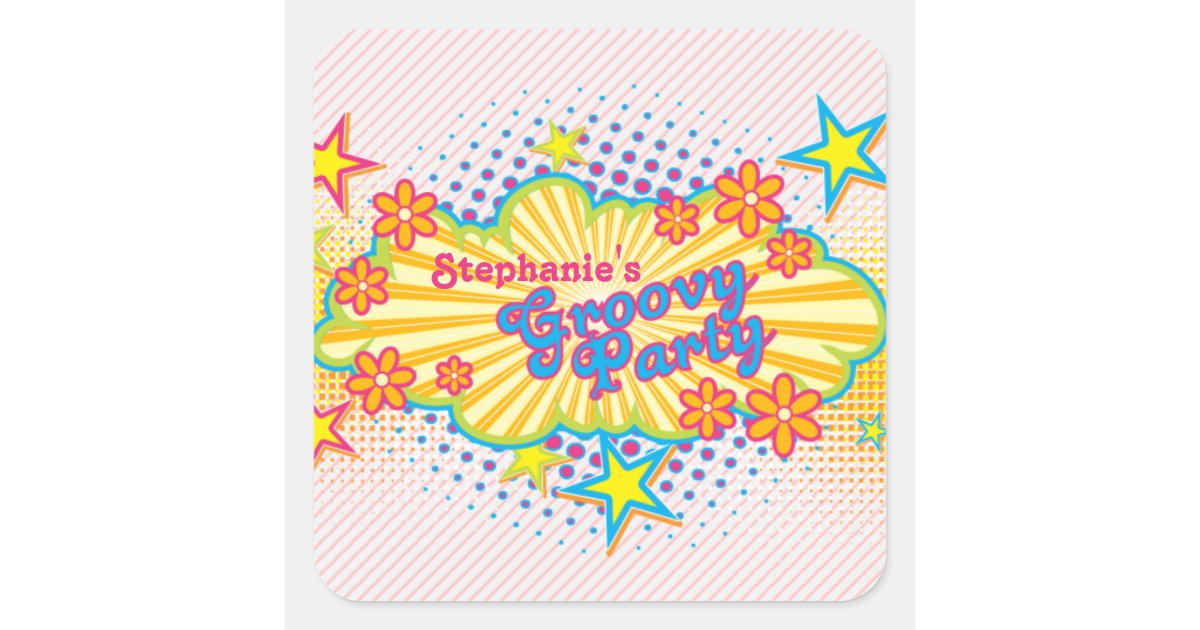 70s Theme Groovy Flower Power Personalized Party Square Sticker | Zazzle