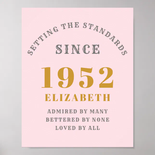 70th Birthday 1952 Elegant Pink Grey Gold Chic Poster | Zazzle