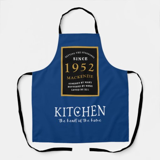 70th Birthday 1952 Name Elegant Black Gold Blue Apron | Zazzle
