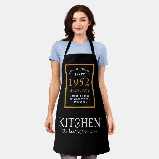 70th Birthday 1952 Name Elegant Black Gold Chic Apron | Zazzle