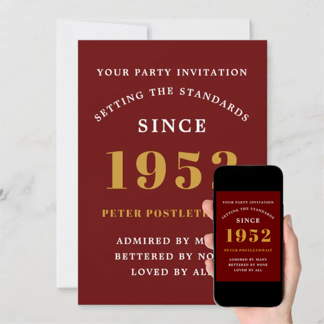 70th Birthday 1952 Red Gold Elegant Chic Invitation | Zazzle