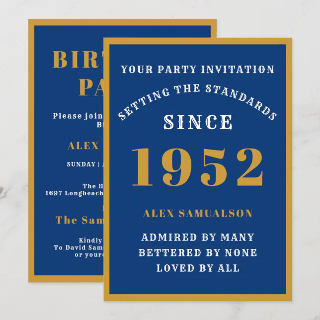 70th Birthday Add Name 1952 Elegant Chic Blue Gold Invitation | Zazzle