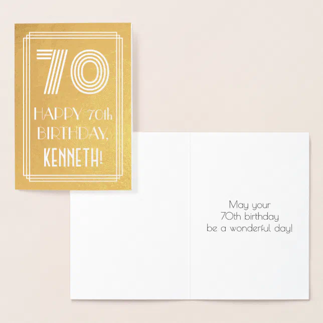 70th Birthday – Art Deco Inspired Look "70" + Name Foil Card | Zazzle