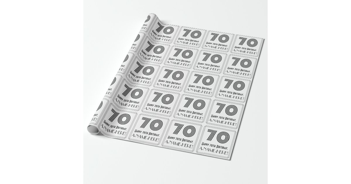 70th Birthday: Art Deco Inspired Style "70" + Name Wrapping Paper | Zazzle