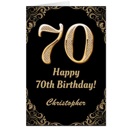 70th Birthday Black and Gold Glitter Extra Large Card | Zazzle
