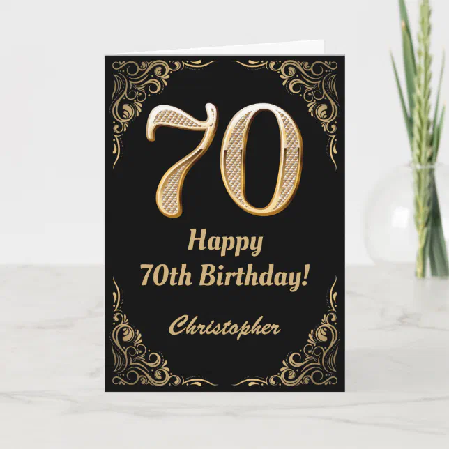 70th Birthday Black and Gold Glitter Frame Card | Zazzle