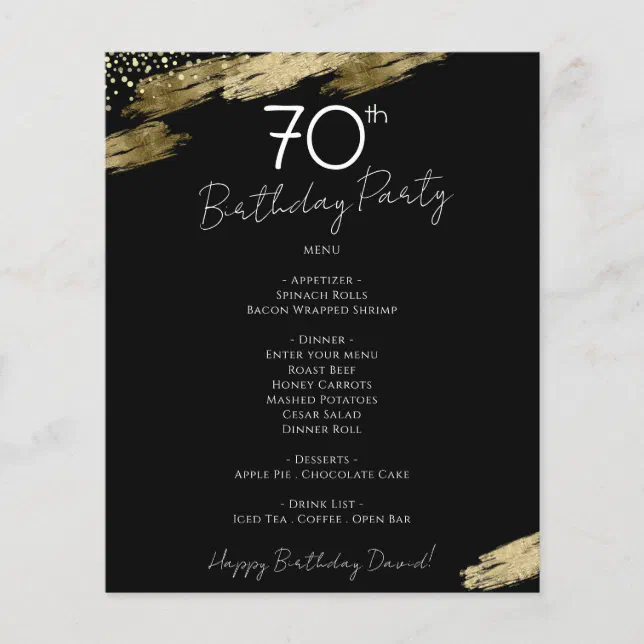 70th Birthday Black and Gold Party Menu Flyer | Zazzle