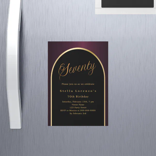 70th birthday black burgundy gold arch luxury magnetic invitation | Zazzle