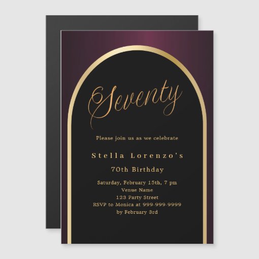 70th birthday black burgundy gold arch luxury magnetic invitation | Zazzle