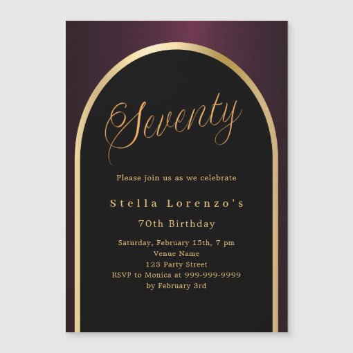 70th birthday black burgundy gold arch luxury magnetic invitation | Zazzle