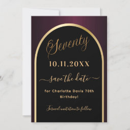 70th birthday black burgundy gold arch save the date | Zazzle