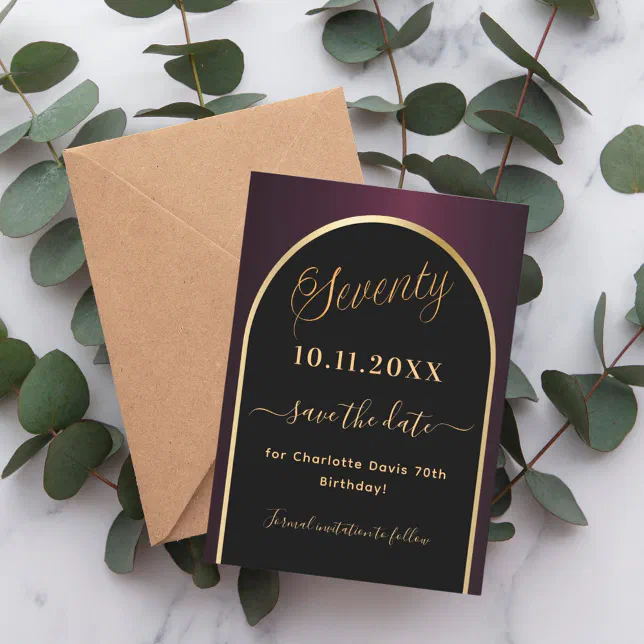 70th birthday black burgundy gold arch save the date | Zazzle