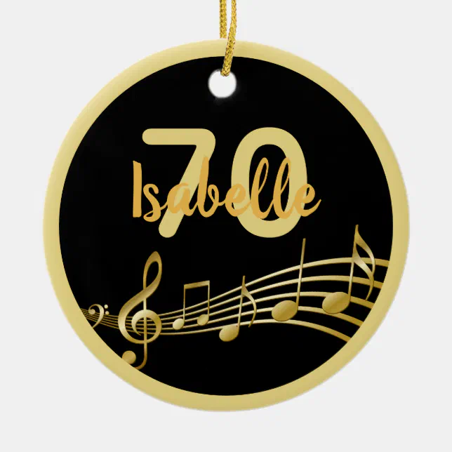 70th birthday black gold music notes name ceramic ornament | Zazzle
