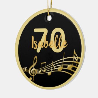 70th birthday black gold music notes name ceramic ornament | Zazzle