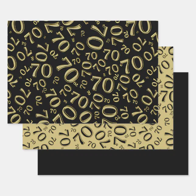 70th Birthday Black & Gold Number Pattern 70 Wrapping Paper Sheets | Zazzle