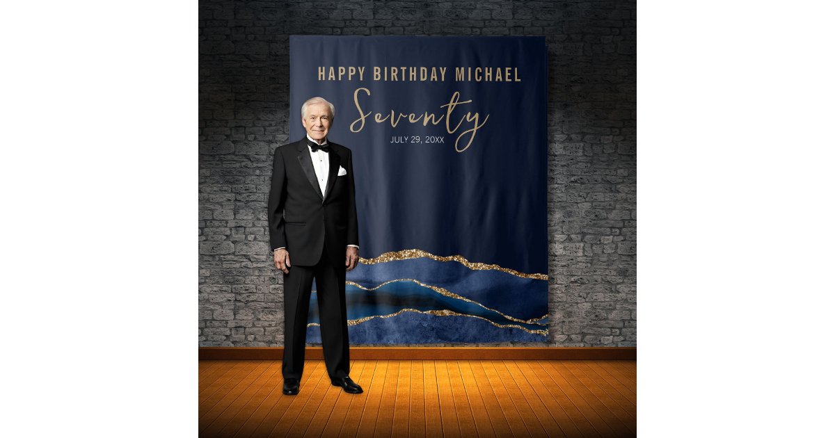 70th Birthday Blue Gold Agate Photo Backdrop | Zazzle