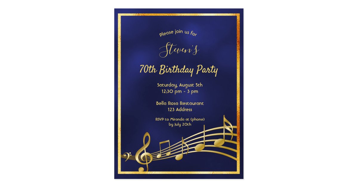 70th birthday blue gold music notes invitation | Zazzle.com