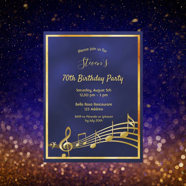 70th birthday blue gold music notes invitation | Zazzle
