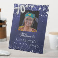 70th Birthday blue silver stars photo welcome Pedestal Sign | Zazzle