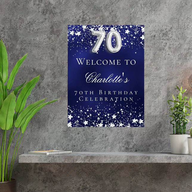 70th Birthday blue silver stars welcome party Poster | Zazzle