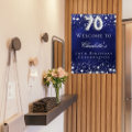 70th Birthday blue silver stars welcome party Poster | Zazzle