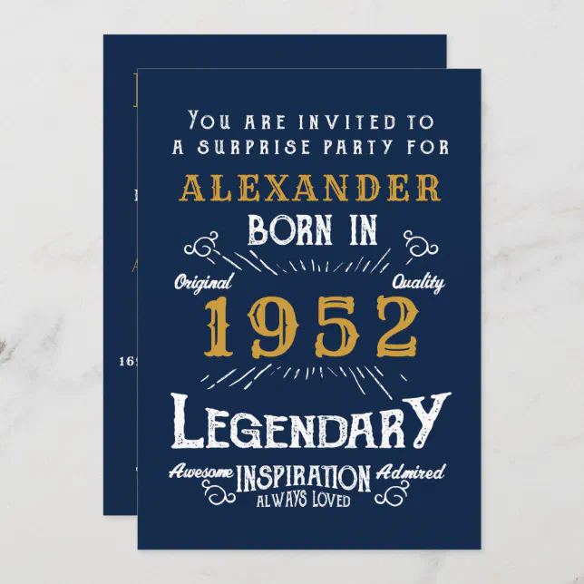 70th Birthday Born 1952 Blue Gold Retro Invitation | Zazzle