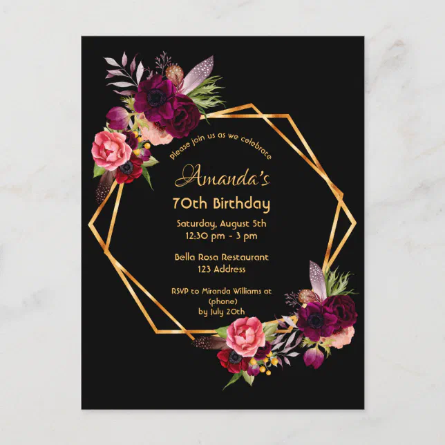 70th birthday burgundy floral gold geometric black postcard | Zazzle