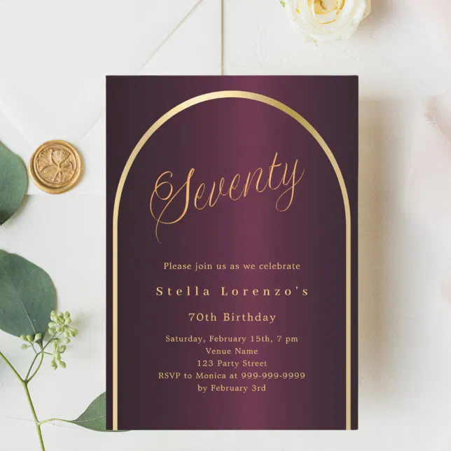 70th birthday burgundy gold arch script elegant invitation | Zazzle