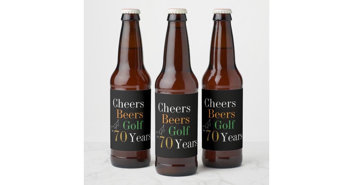 70th Birthday Cheers Beers Golf Black Gold Party Beer Bottle Label | Zazzle