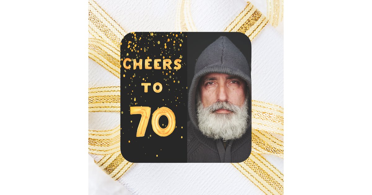 70th birthday cheers to 70 gold balloon text black square sticker | Zazzle
