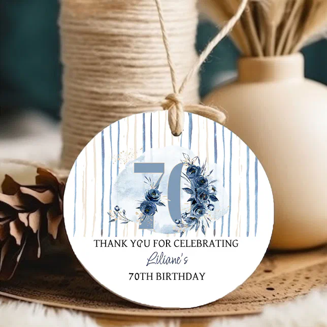 70th Birthday Floral Number Coastal Blue Party Favor Tags | Zazzle