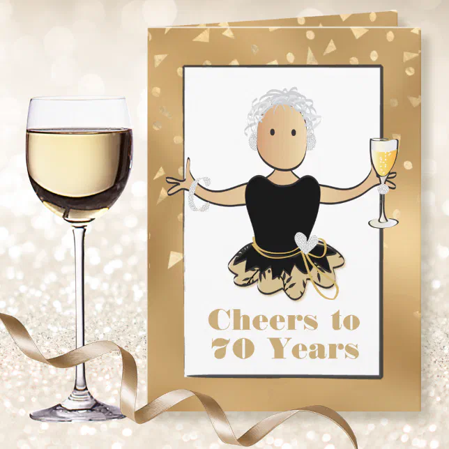70th Birthday Glamorous Sparkle Woman Cartoon Card | Zazzle