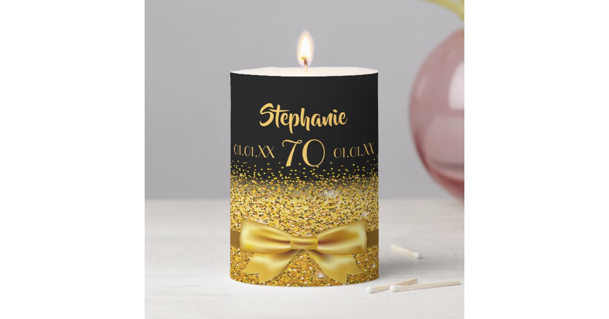 70th birthday gold bow black name age pillar candle | Zazzle