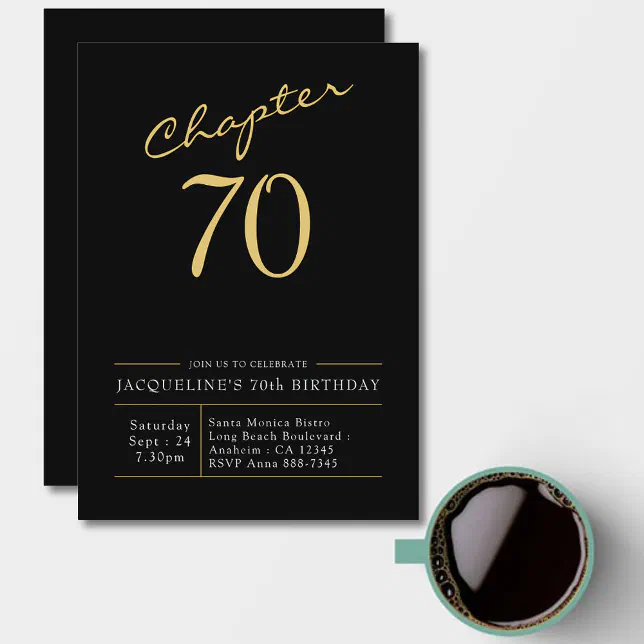 70th Birthday Gold Modern Script Black Invitation | Zazzle