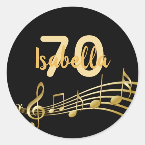 70th birthday gold music notes on elegant black classic round sticker ...