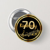 70th birthday gold music notes on stylish black button | Zazzle