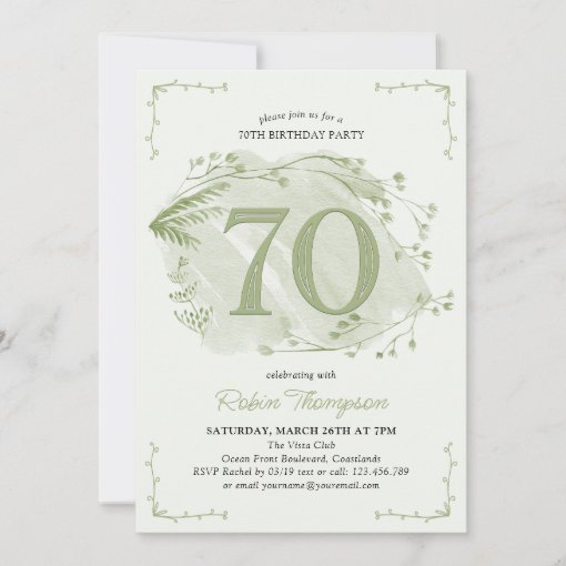 70th Birthday Green Dainty Wildflower Number 70 Invitation | Zazzle