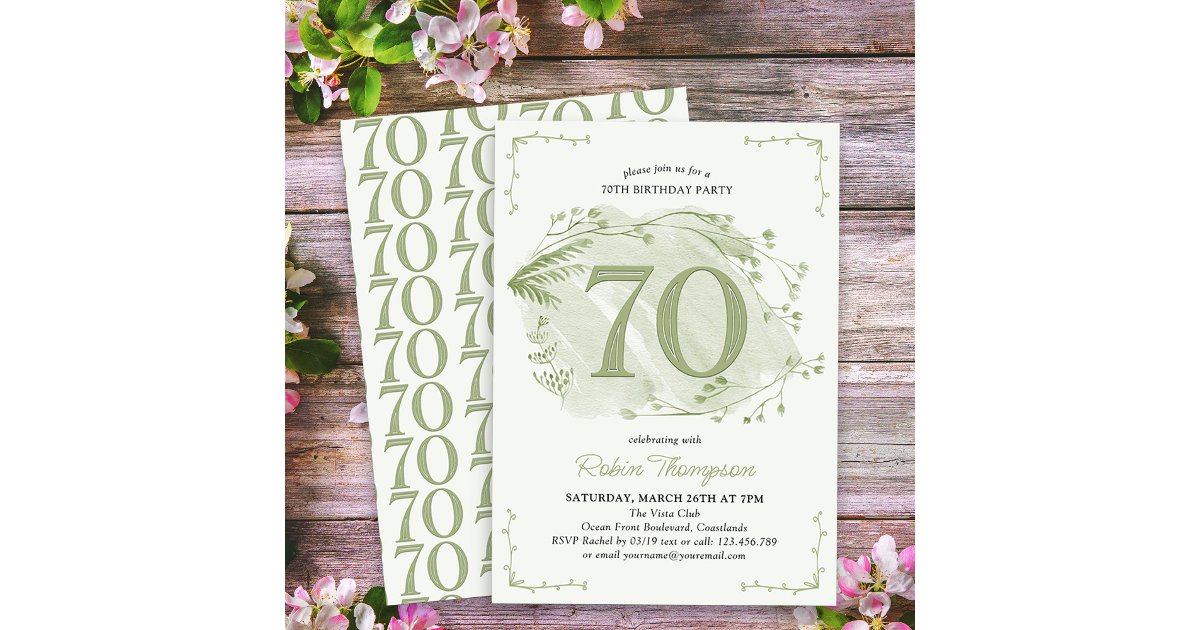 70th Birthday Green Dainty Wildflower Number 70 Invitation | Zazzle