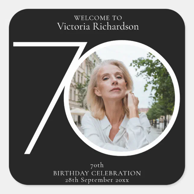 70th Birthday Minimalist Black Typography Photo Square Sticker | Zazzle