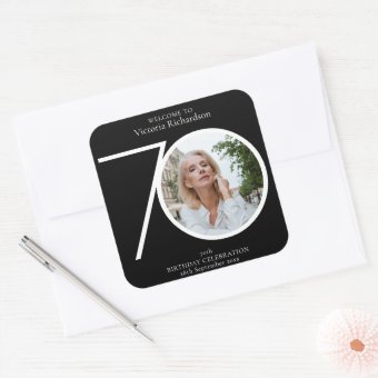70th Birthday Minimalist Black Typography Photo Square Sticker | Zazzle