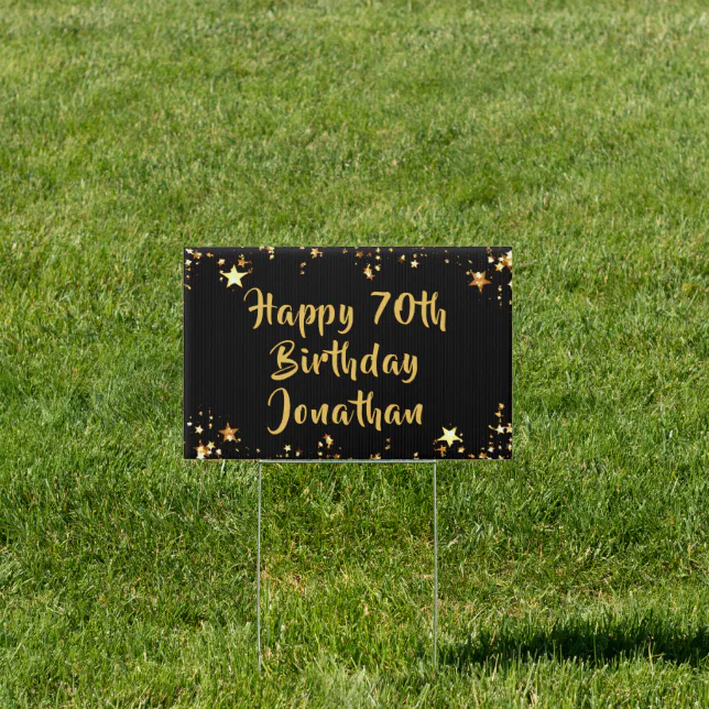 70th Birthday Modern Black and Gold Stars Sign | Zazzle