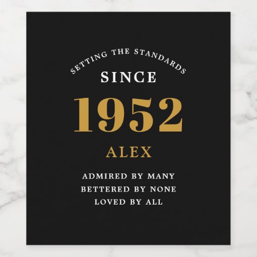 70th Birthday Name 1952 Black Gold Elegant Chic Wine Label | Zazzle