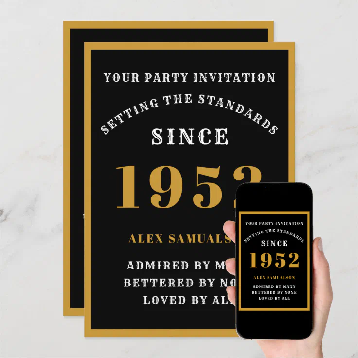 70th Birthday Name 1952 Elegant Chic Black Gold Invitation | Zazzle