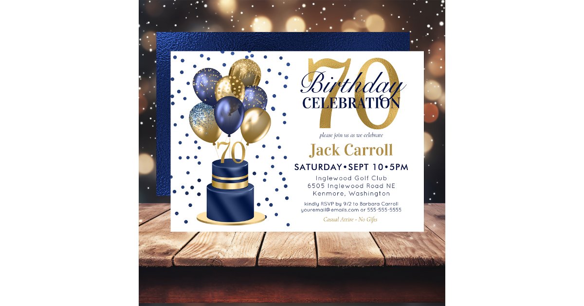 70th Birthday Navy Blue Balloon Cake Invitation | Zazzle